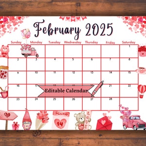 Editable Fillable February 2025 Calendar for Valentine’s Day, Digital ...