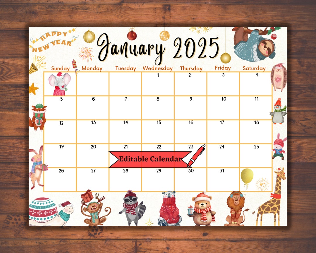 Editable Fillable January 2025 Calendar for Happy New Year, Printable ...