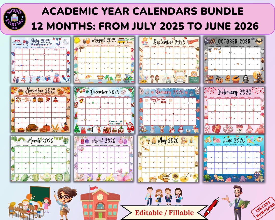 Editable School Calendar 2025-2026 From July to June, Printable ...