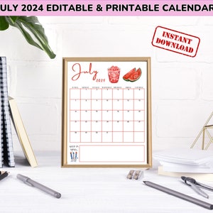 Editable Fillable July 2024 Calendar for Happy Summer, Printable ...