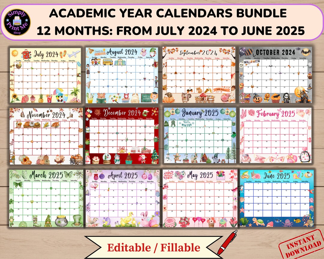 Editable School Calendar 2024-2025 From July to June, Printable ...
