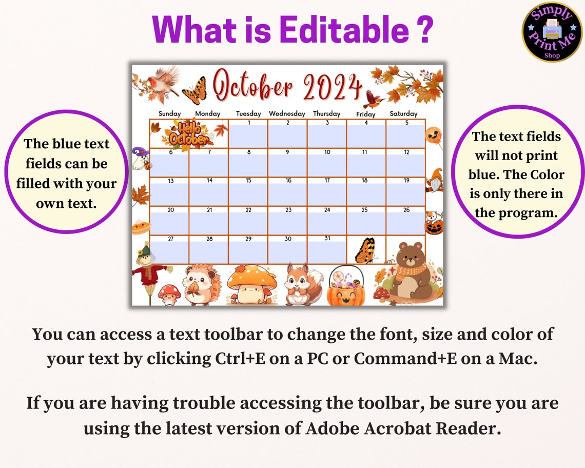 Editable Fillable October 2024 Calendar for Autumn, Fall, Happy ...