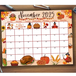 Editable Fillable November 2025 Calendar for Happy Thanksgiving ...