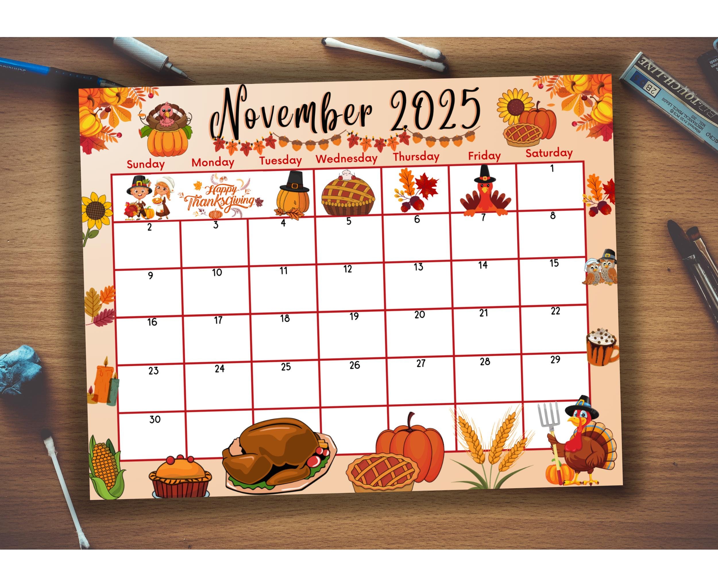 Editable Fillable November 2025 Calendar for Happy Thanksgiving ...