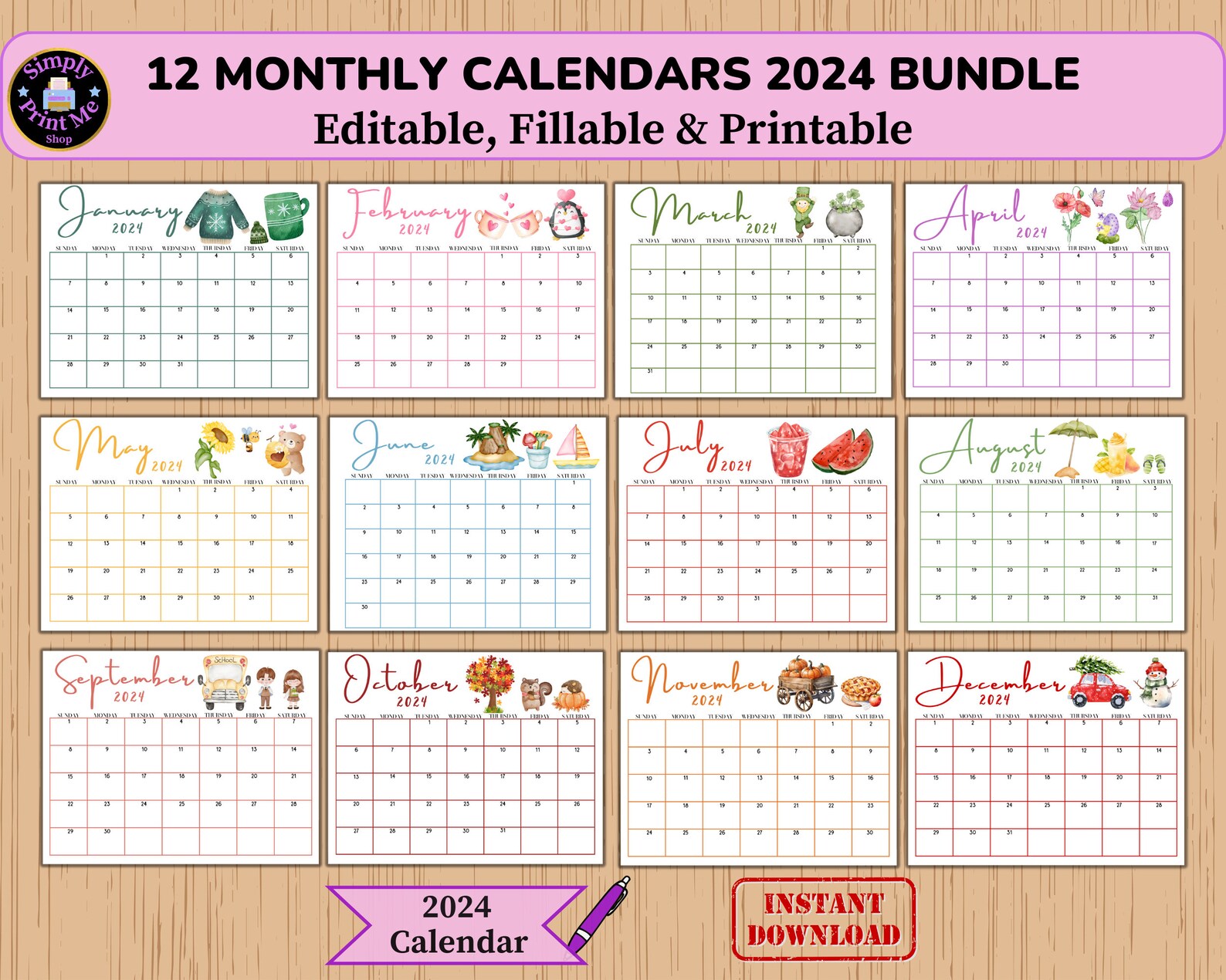 2024 EDITABLE Monthly Watercolor Calendar Bundle, 12 Month, Minimalist ...