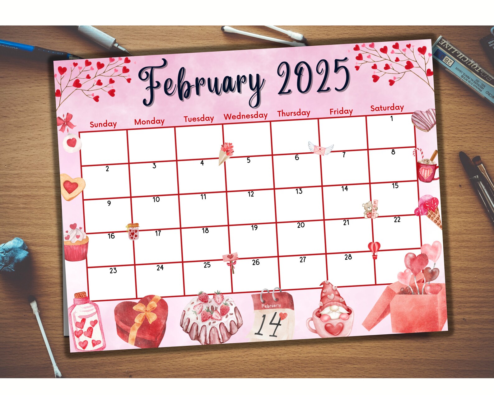 Editable Fillable February 2025 Calendar for Valentine’s Day, Printable ...