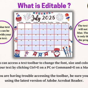 Editable Fillable July 2025 Calendar for Happy 4th July Independence ...