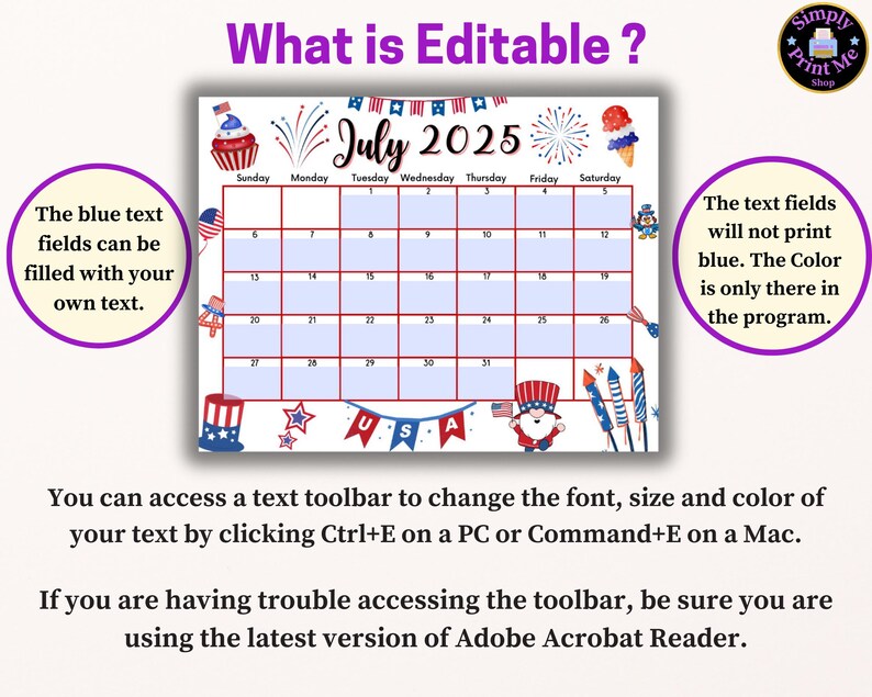 Editable Fillable July 2025 Calendar for Happy 4th July Independence ...