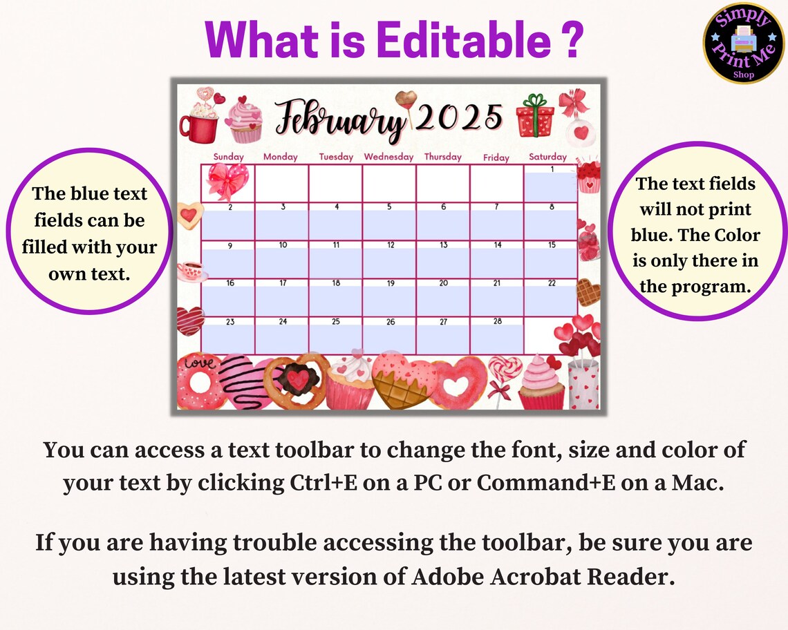 Editable Fillable February 2025 Calendar for Valentines Day, Printable ...