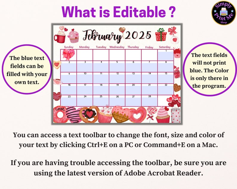 Editable Fillable February 2025 Calendar for Valentine’s Day, Printable ...