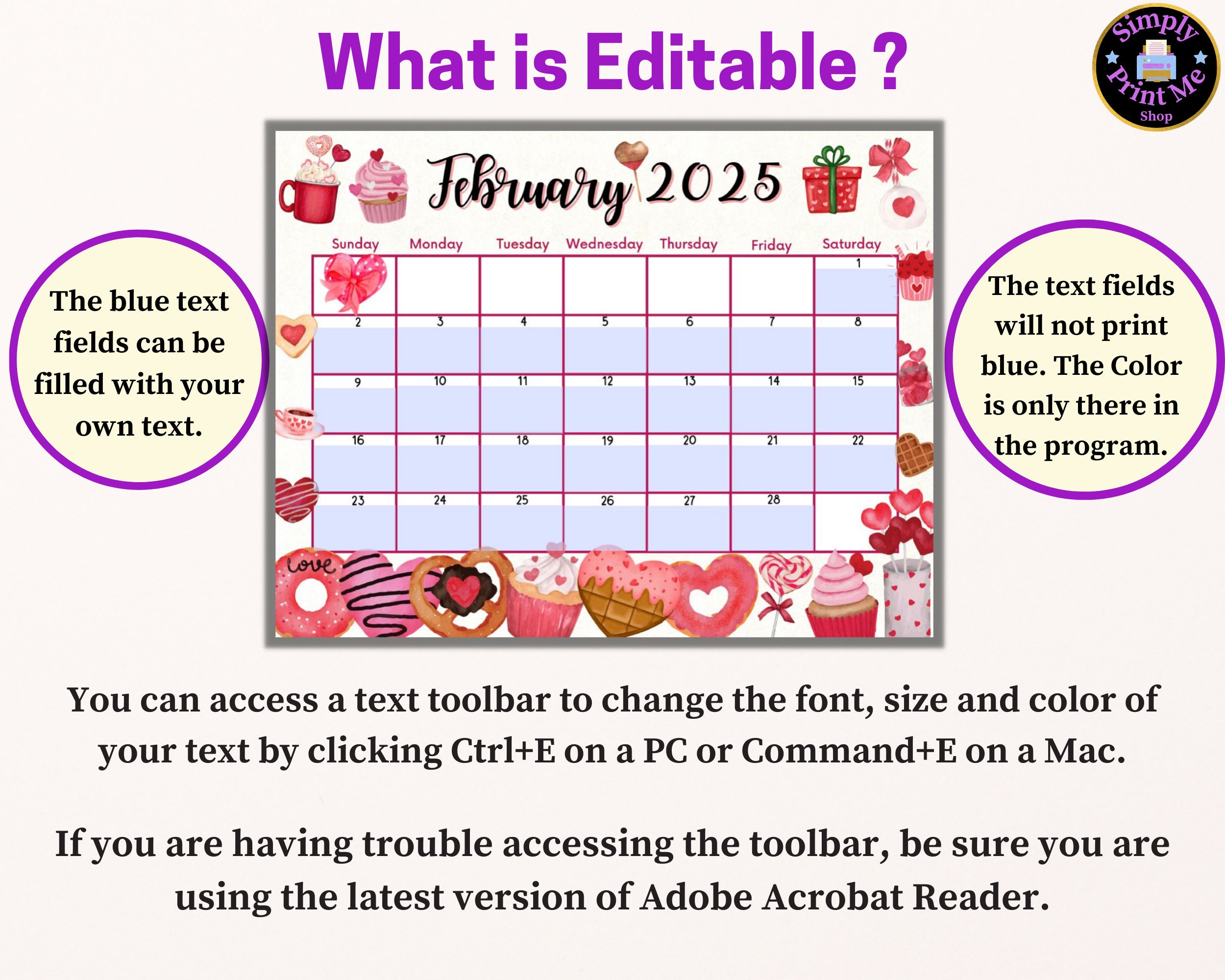 Editable Fillable February 2025 Calendar for Valentines Day, Printable ...