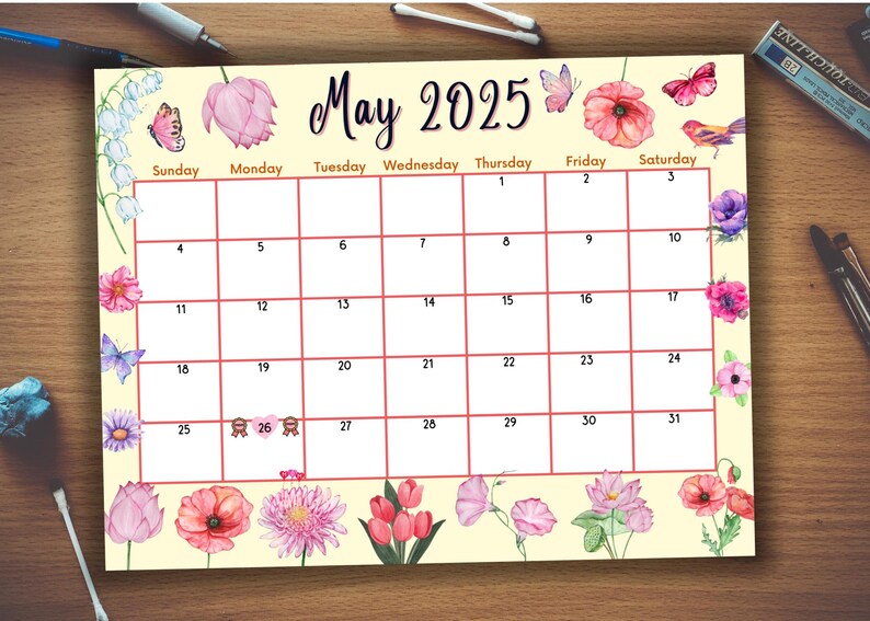 Editable Fillable May 2025 Calendar for Mother's Day With Cute Flowers ...