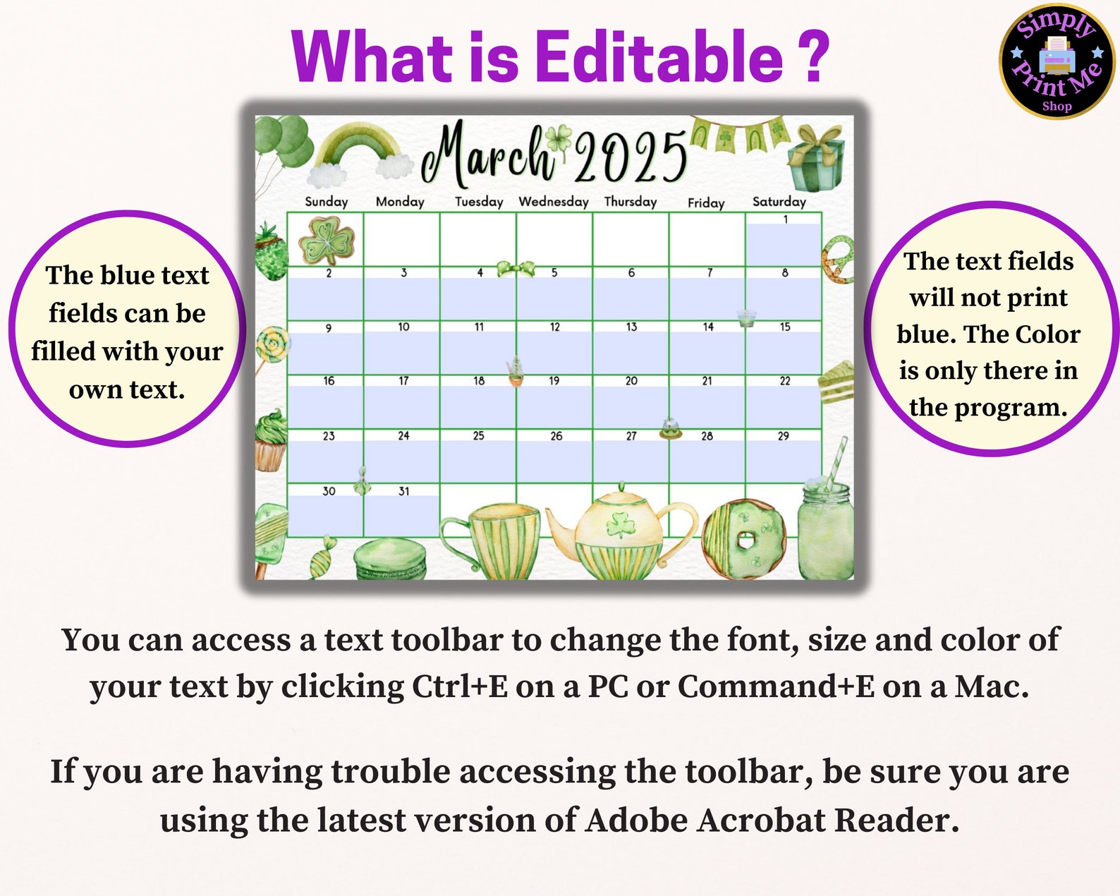 Editable Fillable March 2025 Calendar for St. Patrick's Day, Printable ...
