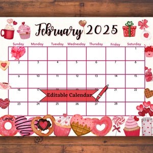 Editable Fillable February 2025 Calendar for Valentine’s Day, Printable ...