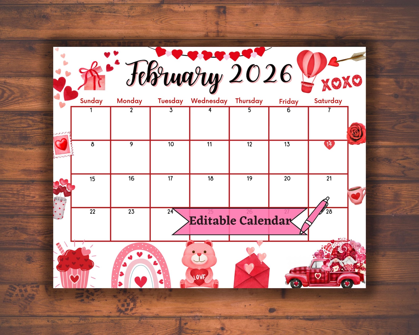 Editable Fillable February 2026 Calendar for Valentine’s Day, Printable ...