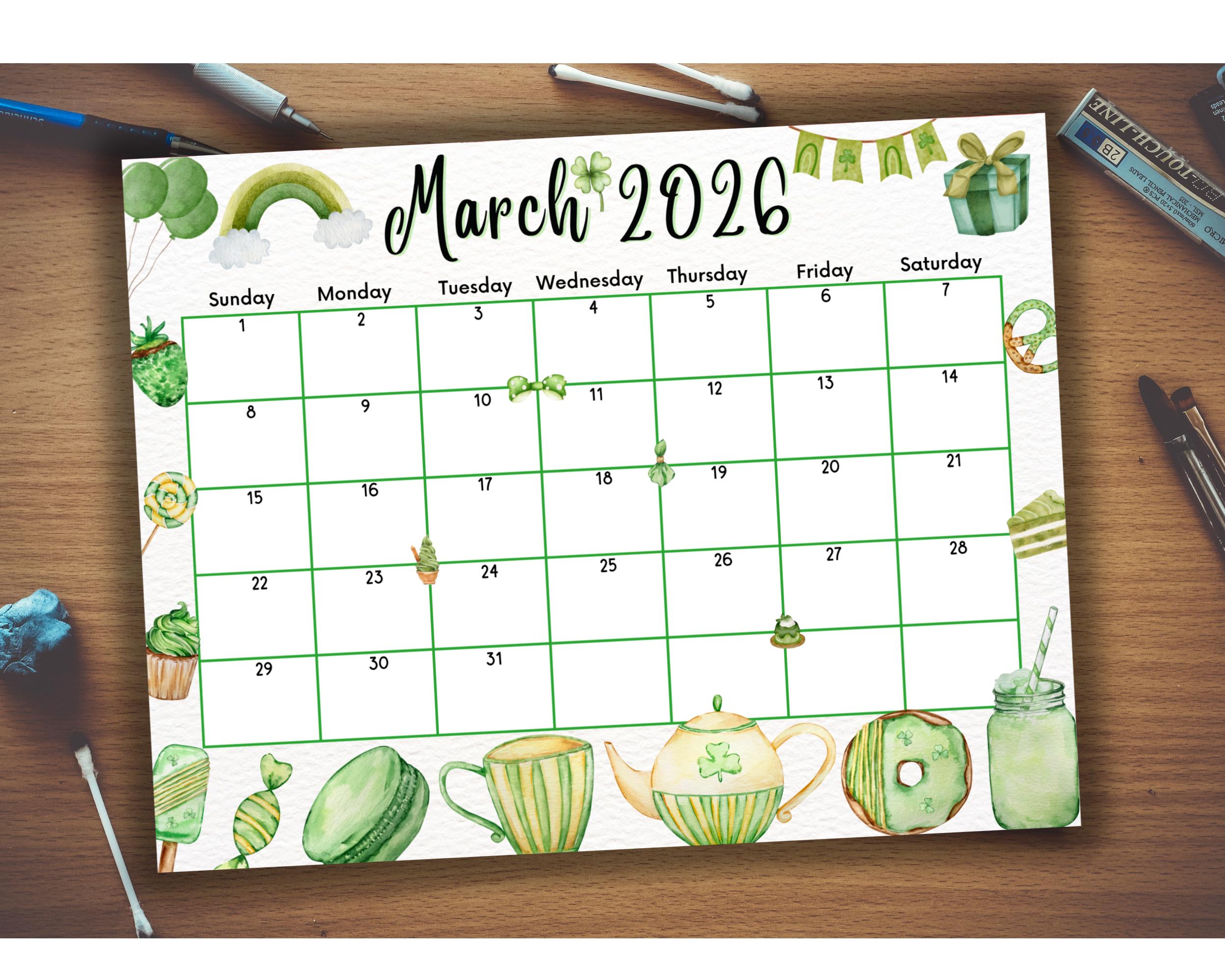 Editable Fillable March 2026 Calendar for St. Patrick's Day: Printable ...