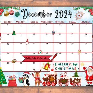 Editable Fillable December 2024 Calendar for Merry Christmas With ...