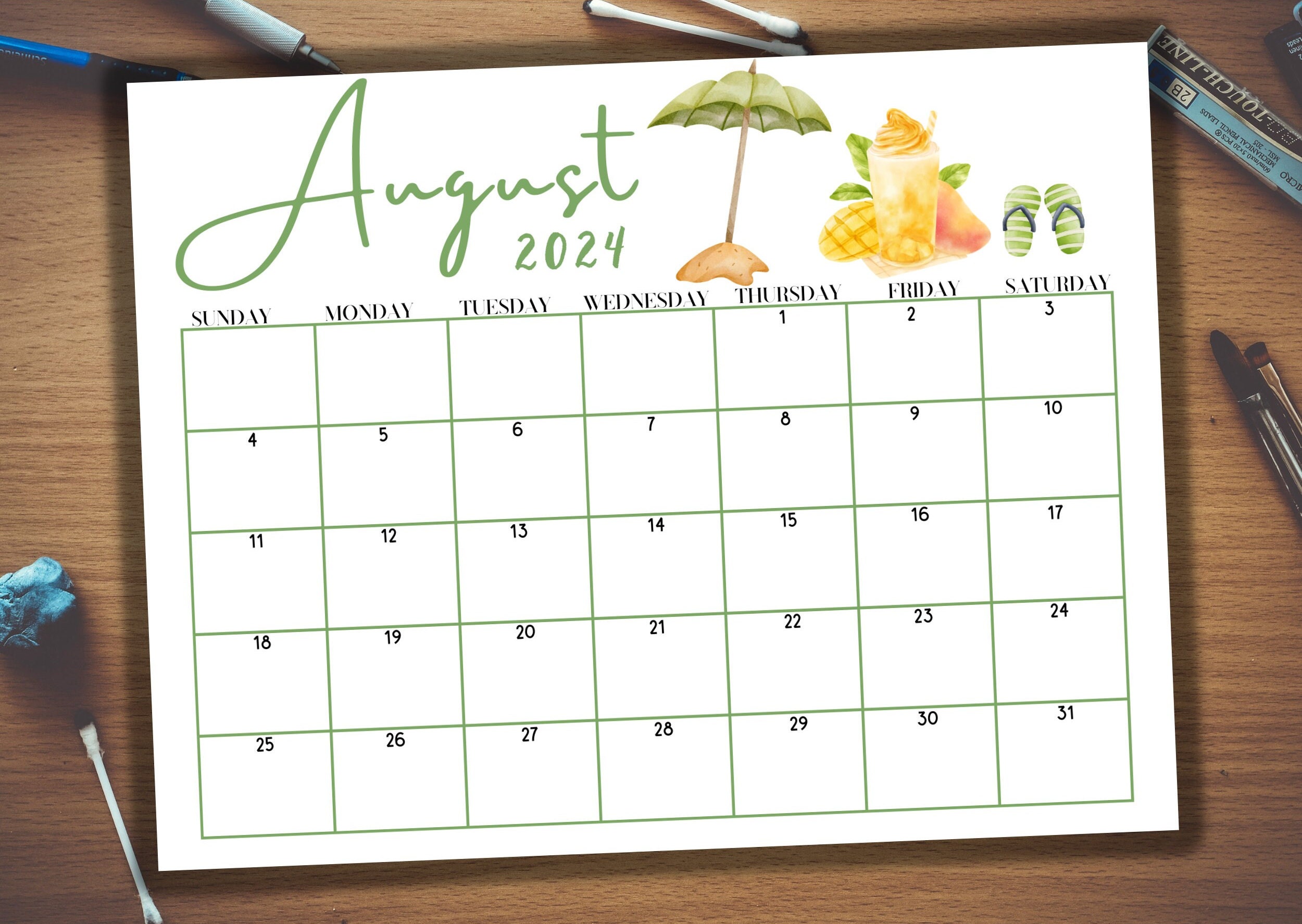 EDITABLE August 2024 Summer Calendar, Printable Classroom Planner ...