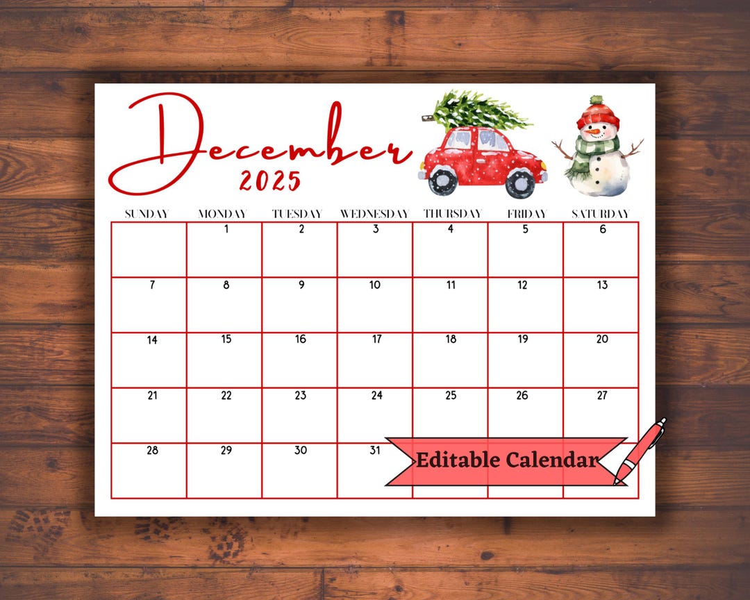 Editable Fillable December 2025 Calendar for Merry Christmas: Easy to ...