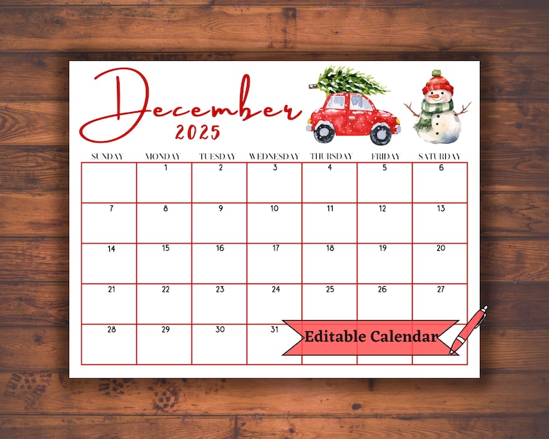 Editable Fillable December 2025 Calendar for Merry Christmas: Easy to ...