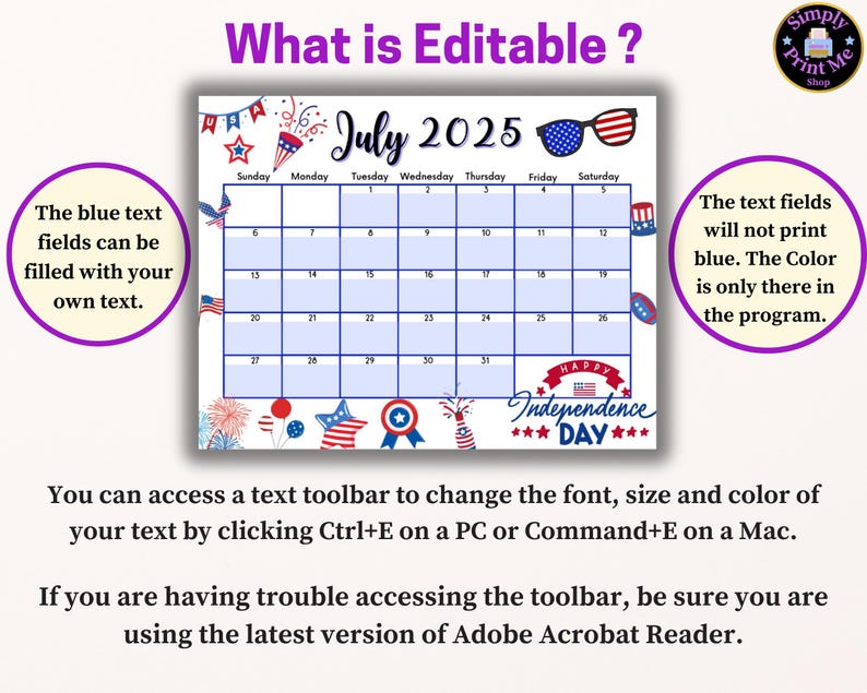 Editable Fillable July 2025 Calendar for Happy 4th July Independence ...