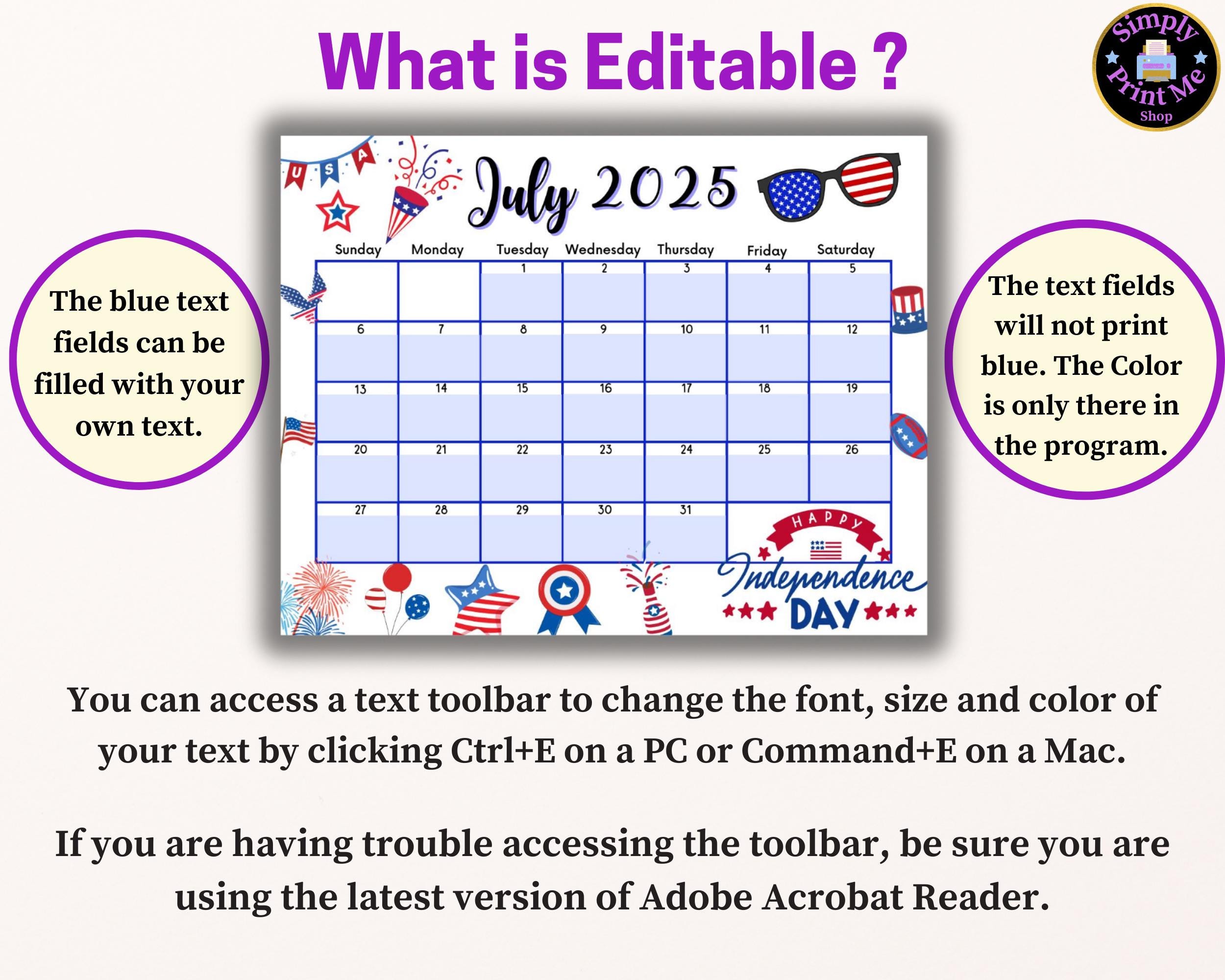 Editable Fillable July 2025 Calendar for Happy 4th July Independence ...