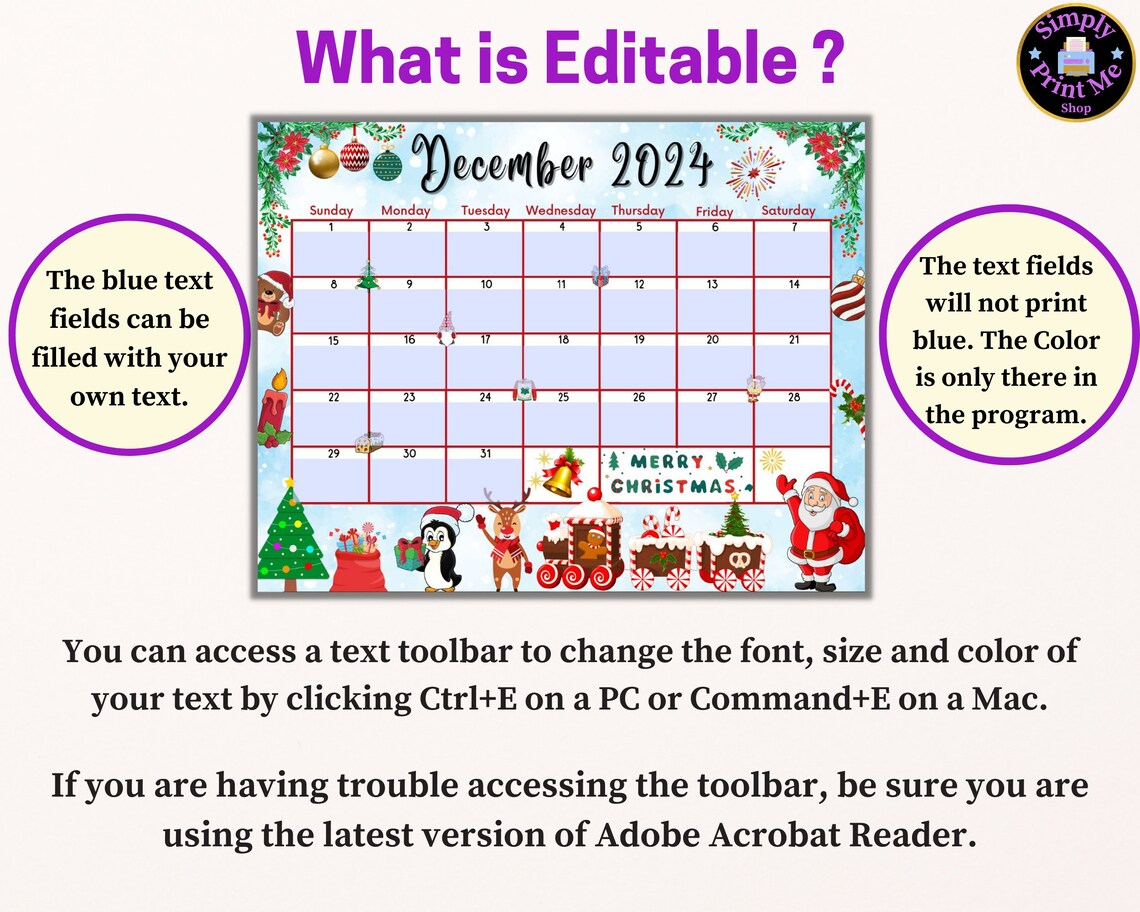 Editable Fillable December 2024 Calendar for Merry Christmas With ...