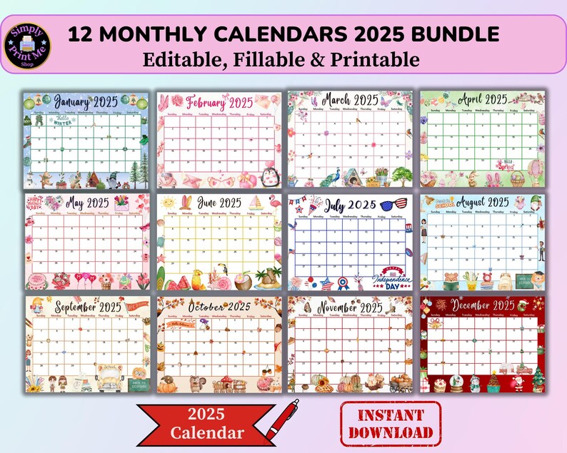 Editable Fillable Monthly Calendar 2025 Bundle From January to December ...