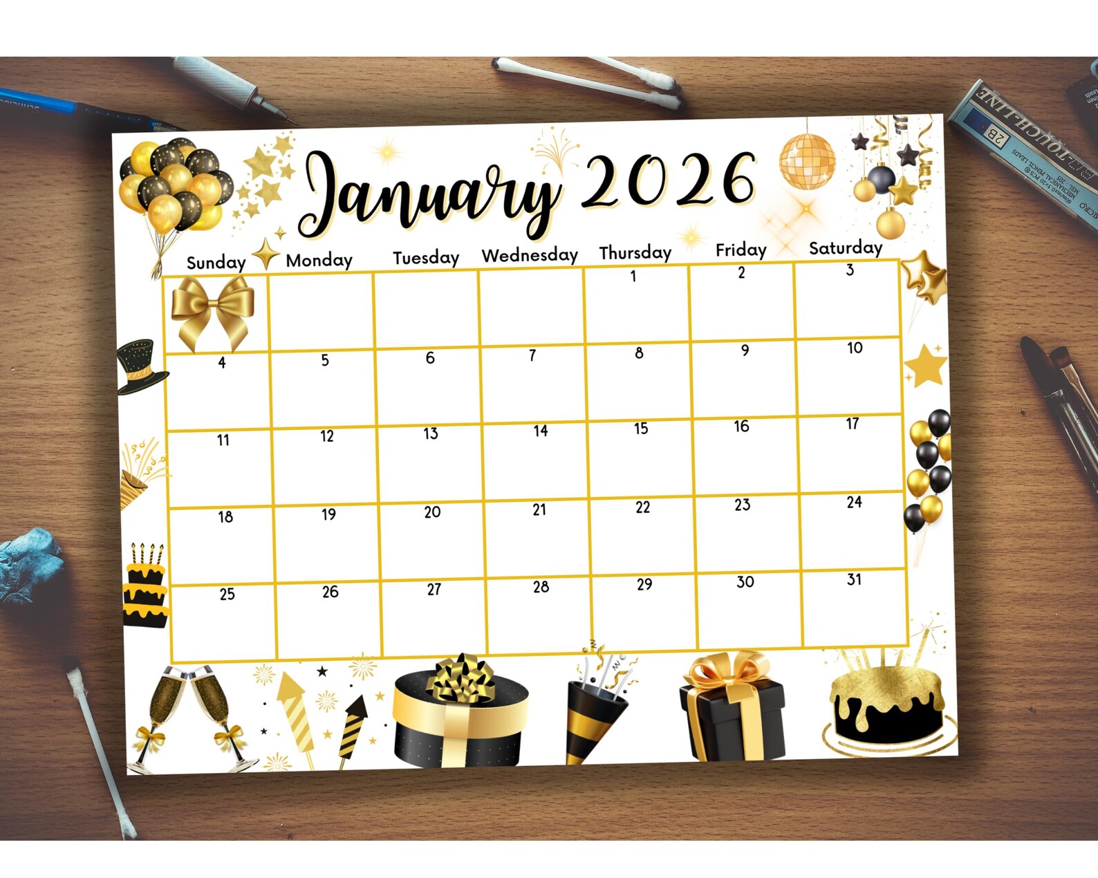 Editable Fillable January 2026 Calendar for Happy New Year, Printable ...
