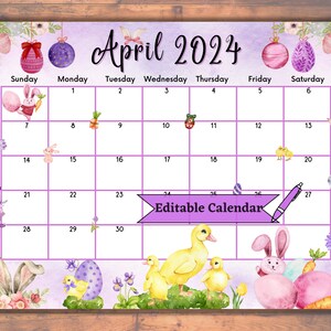 Editable Fillable April 2024 Calendar Happy Easter with Cute Bunnies ...