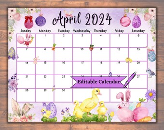 EDITABLE April 2024 Calendar, Monthly Planner, Happy Easter Day, Cute ...