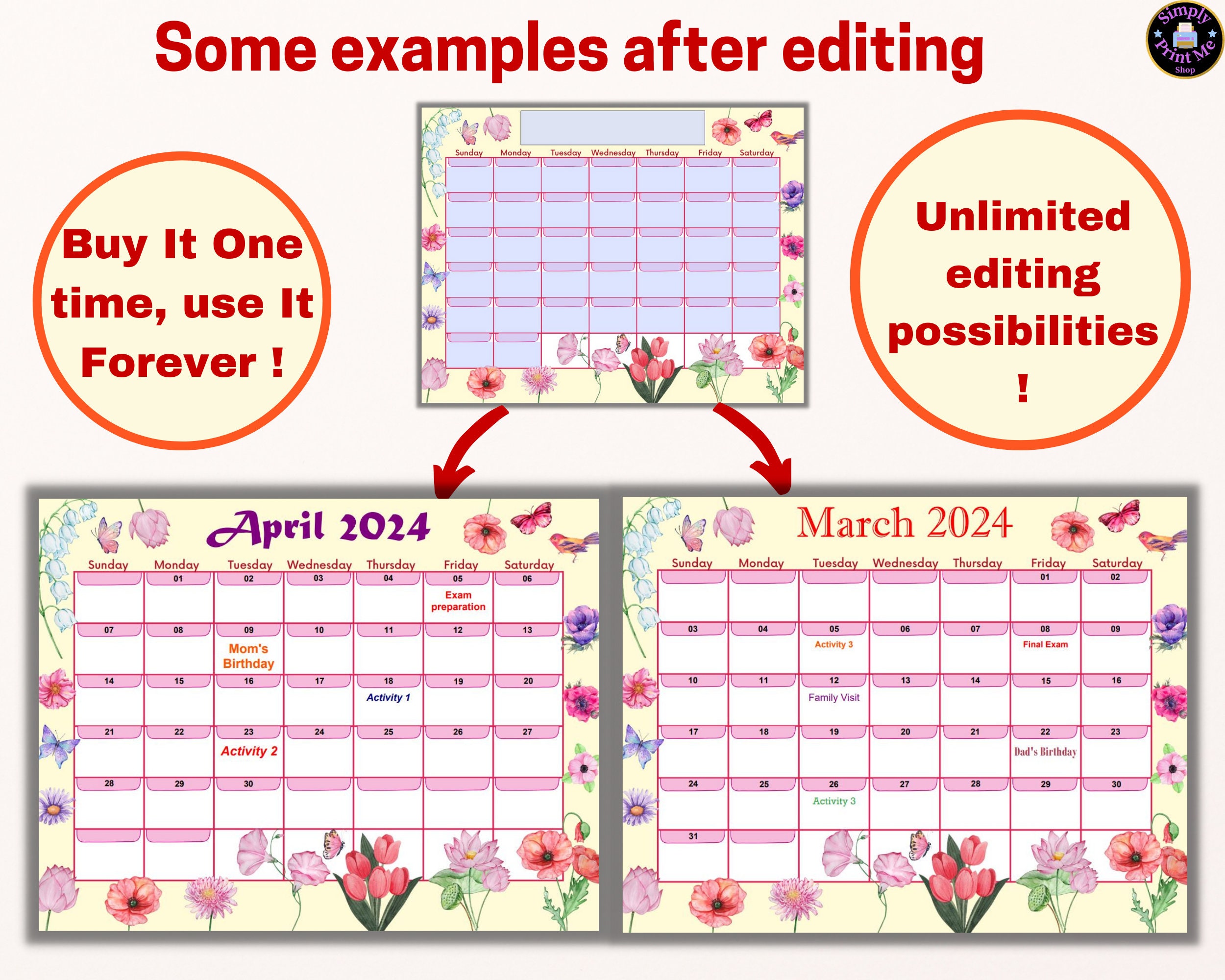 Fully Editable Undated Monthly Calendar With Lovely Flowers, Fillable ...