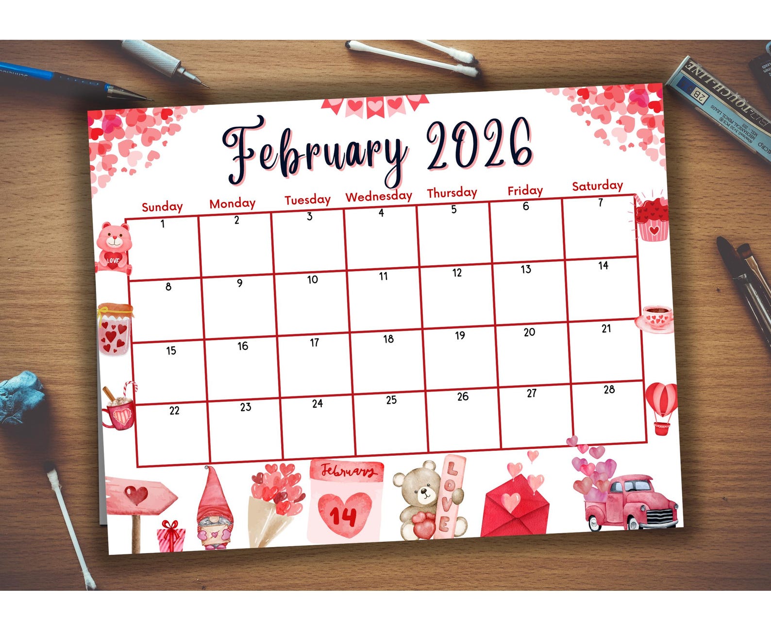 Editable Fillable February 2026 Calendar for Valentine’s Day: Digital ...
