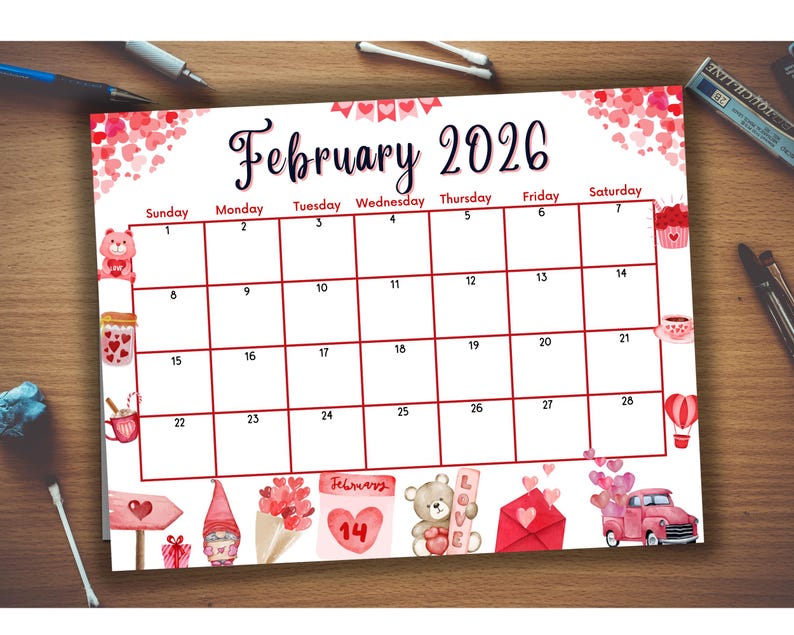 Editable Fillable February 2026 Calendar for Valentine’s Day: Digital ...