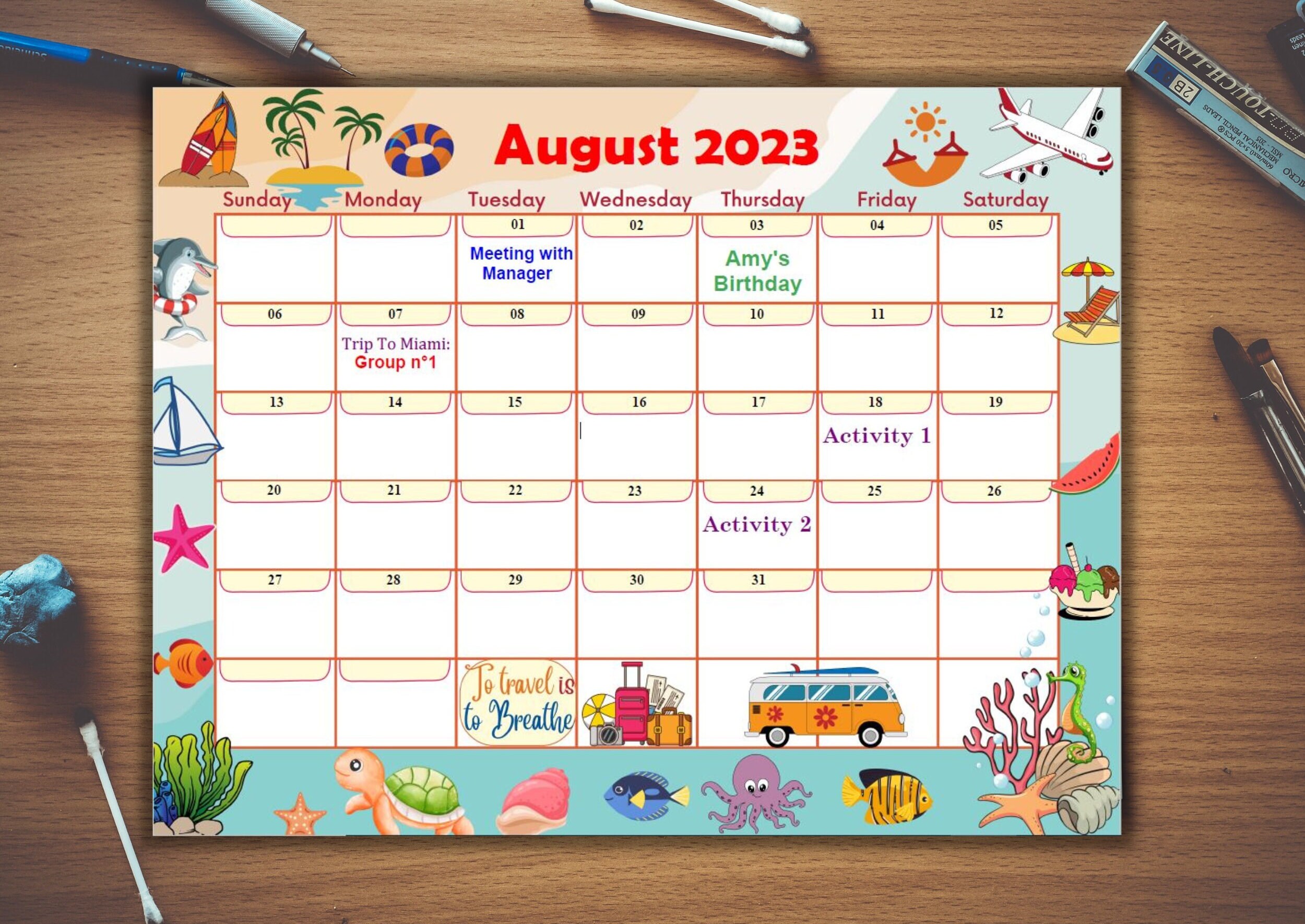 Fully Editable Undated Monthly Calendar for Vacation & Summer, Fillable ...