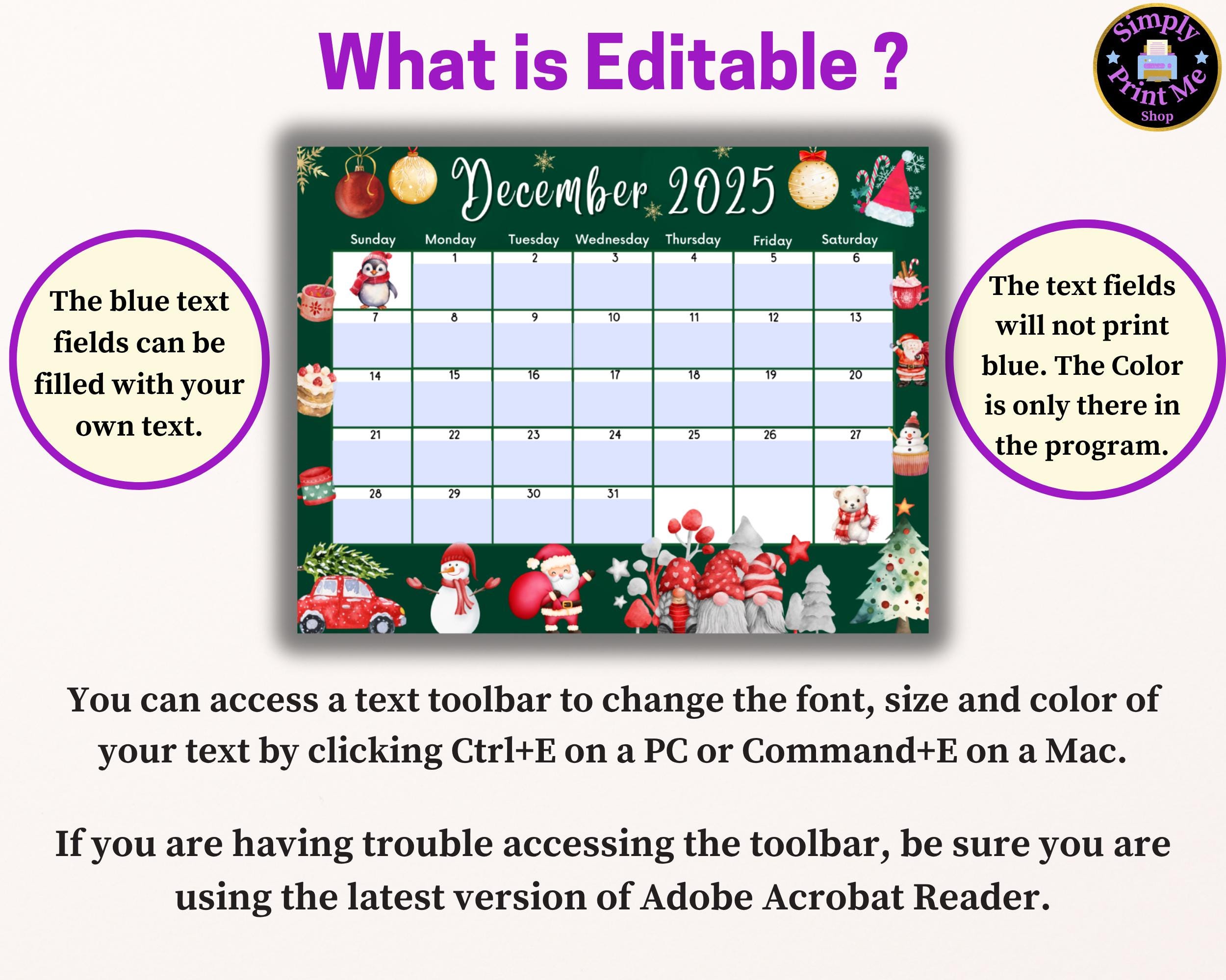 Editable Fillable December 2025 Calendar for Merry Christmas, Colorful ...