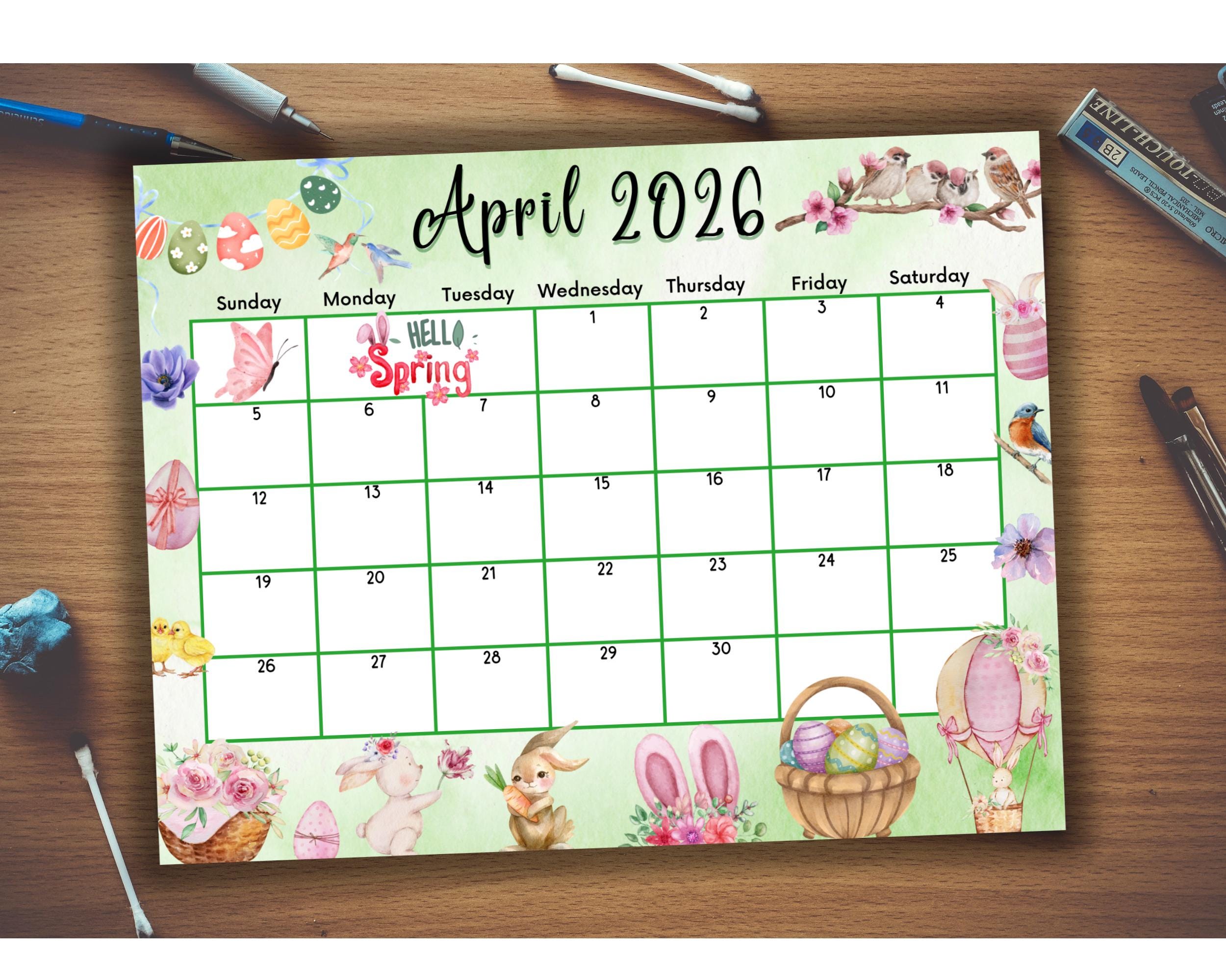 Editable Fillable PDF April 2026 Calendar for Happy Easter: Monthly ...