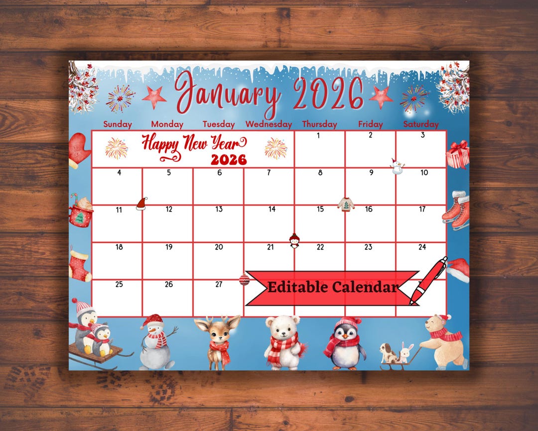 Editable Fillable January 2026 Calendar for Happy New Year Celebration ...