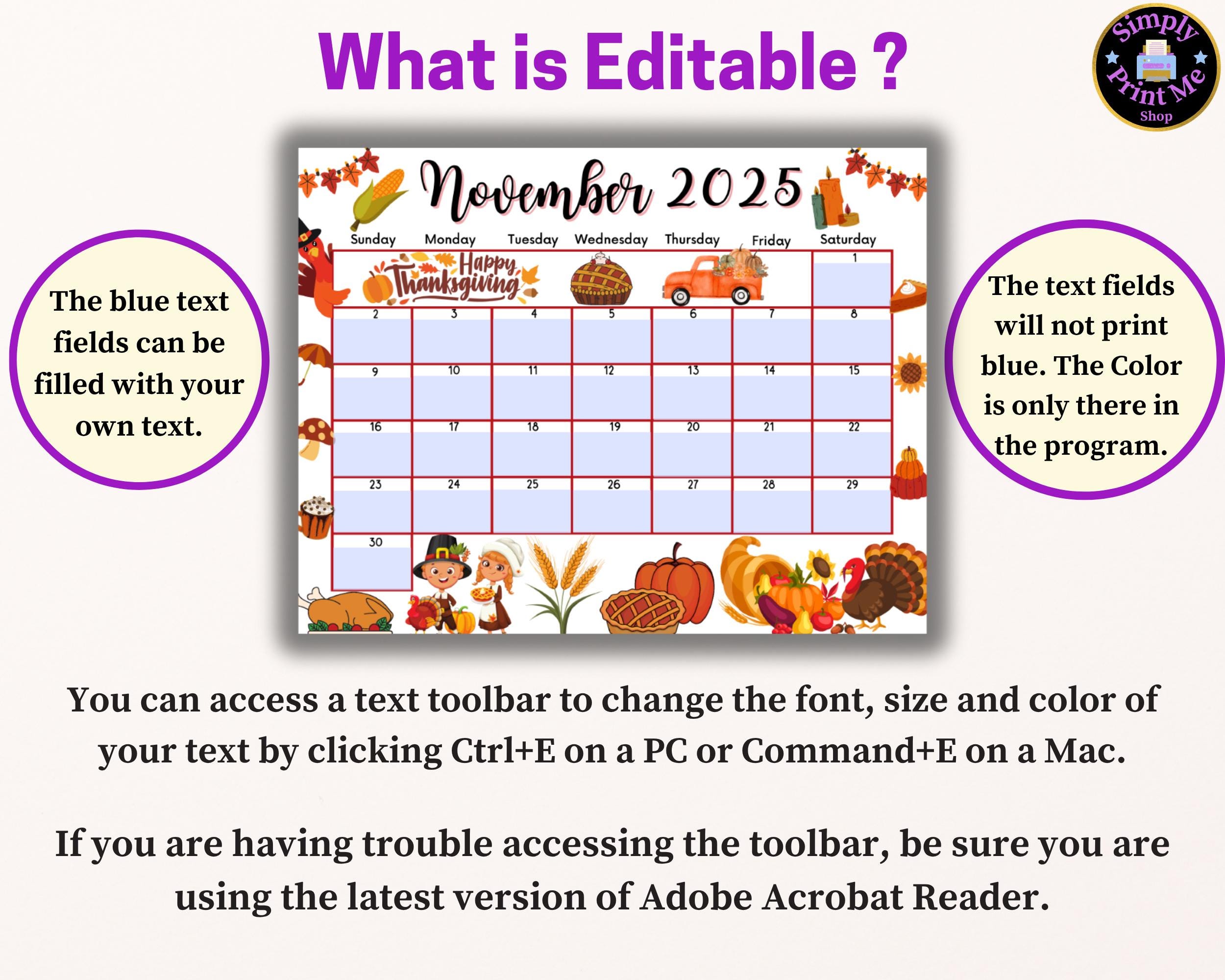 Editable Fillable November 2025 Calendar for Happy Thanksgiving With ...