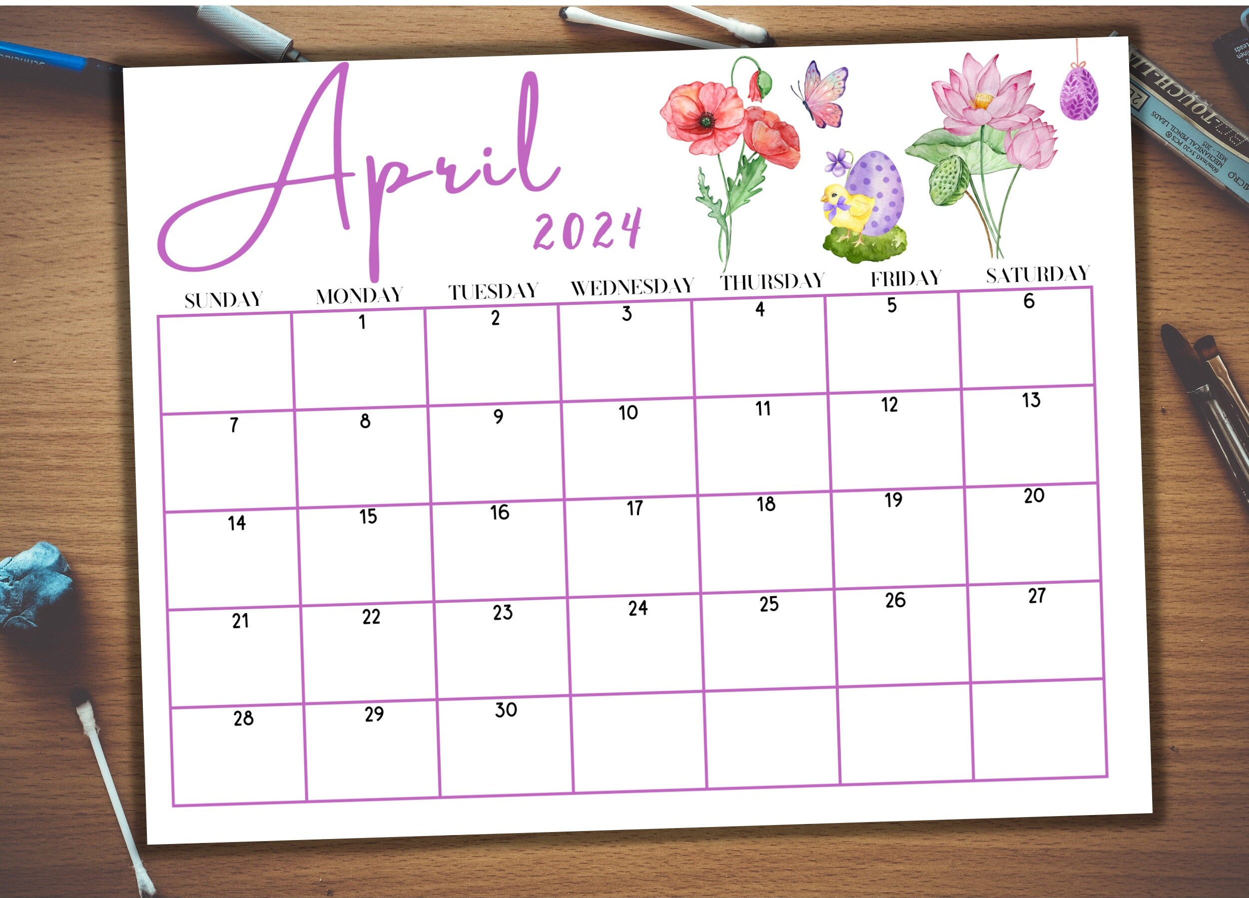 EDITABLE April 2024 Calendar, Printable Classroom Planner, Landscape ...