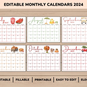 2024 EDITABLE Monthly Watercolor Calendar Bundle, 12 Month, Minimalist ...