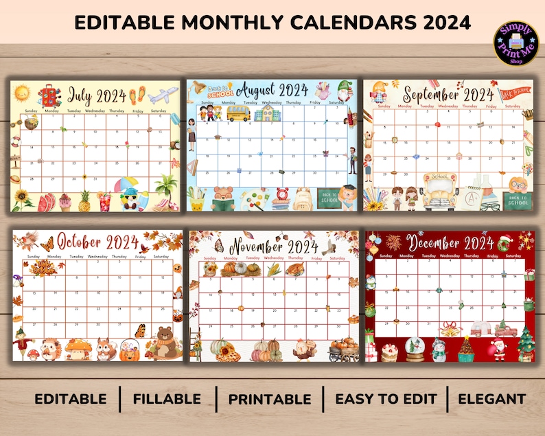 EDITABLE Monthly Calendar 2024 Bundle 12 Month for Home and Office ...
