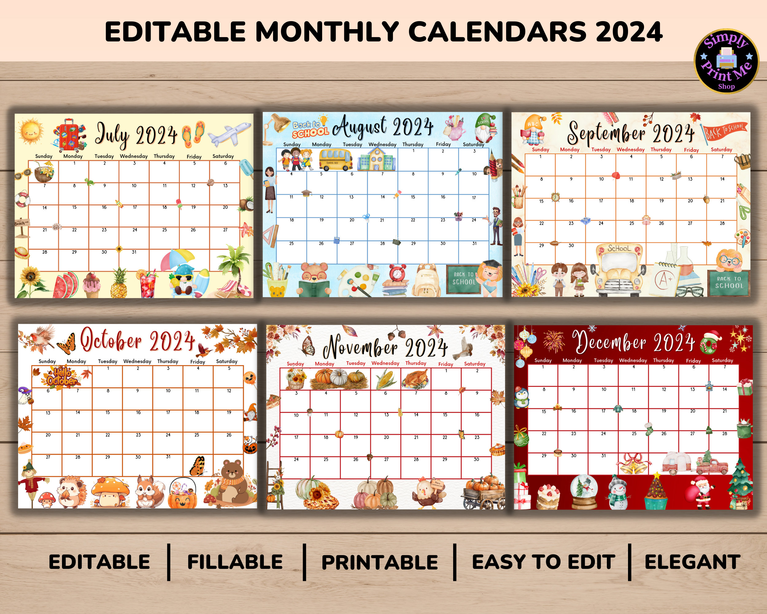 EDITABLE Monthly Calendar 2024 Bundle 12 Month for Home and Office ...