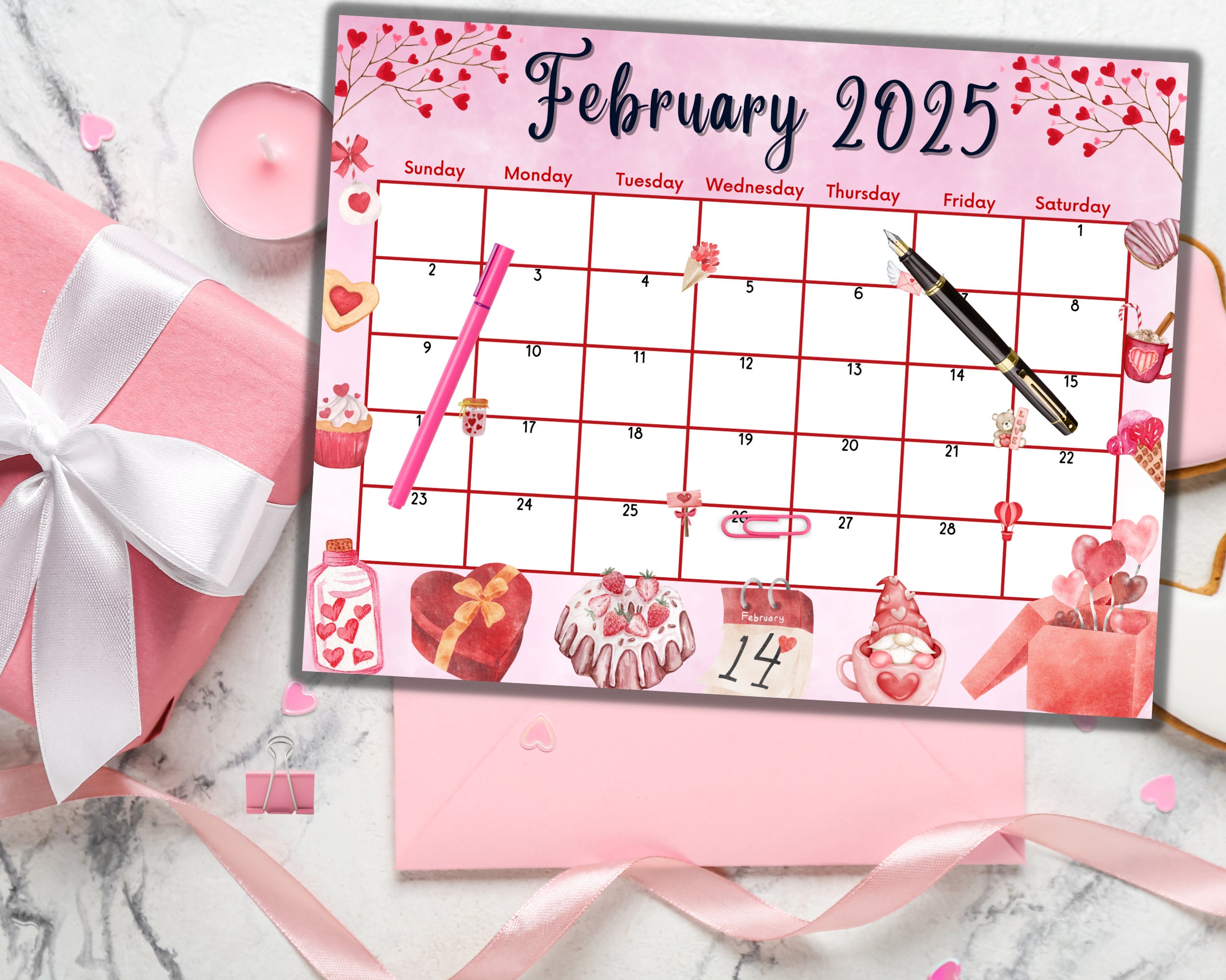 Editable Fillable February 2025 Calendar for Valentines Day, Printable ...