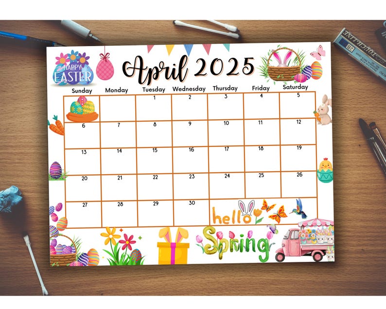 Editable Fillable April 2025 Calendar for Happy Easter With Colorful ...