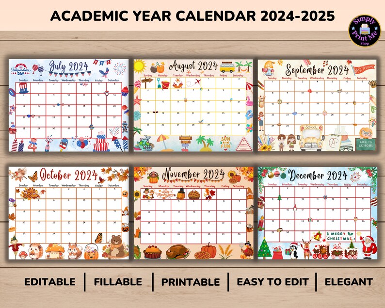 Editable School Calendar 2024-2025 From July to June, Printable ...