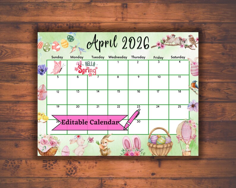 Editable Fillable PDF April 2026 Calendar for Happy Easter: Monthly ...