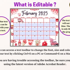 Editable Fillable February 2025 Calendar for Valentine’s Day, Digital ...