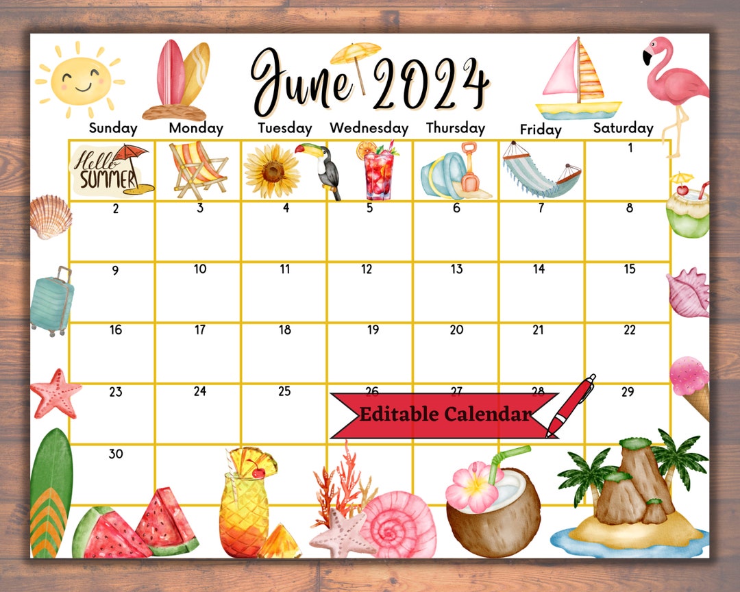Editable Fillable June 2024 Calendar for Joyful Summer at the Beach ...