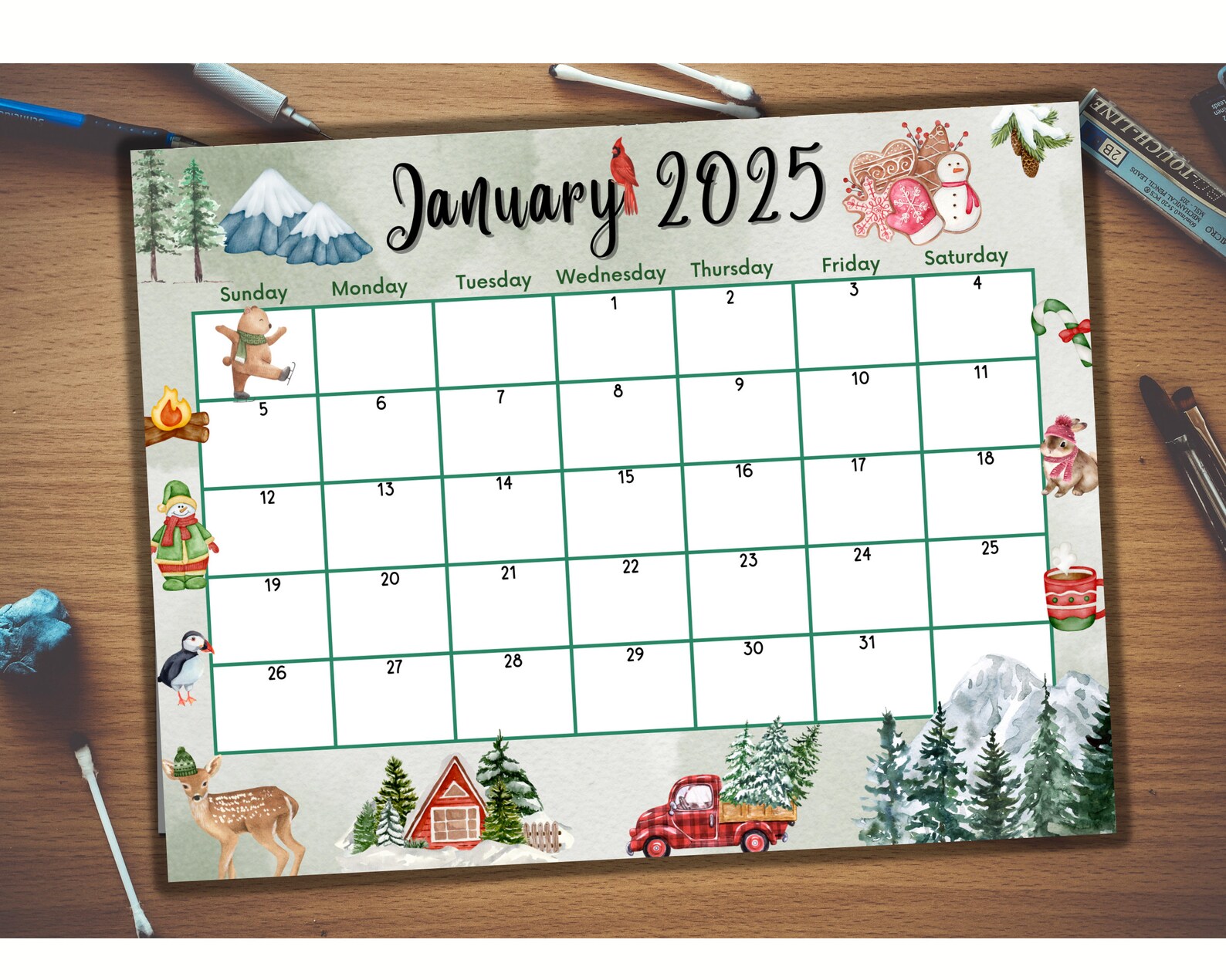 Editable January 2025 Calendar for Happy Winter, New Year 2025, Trees ...
